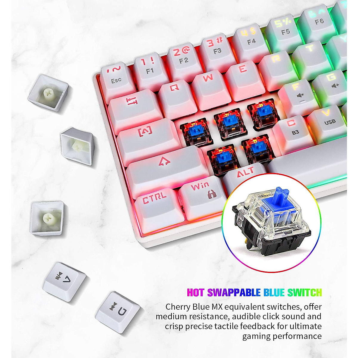 SUPGALIY 60% Mechanical Keyboard Wireless 2.4G/Bluetooth 5.0/Wired Gaming Keyboard 3000mAh 61 Keys RGB Backlit Portable Mini Keyboard for Windows, Mac, Android, iOS (Hot Swappable Blue Switch, White)