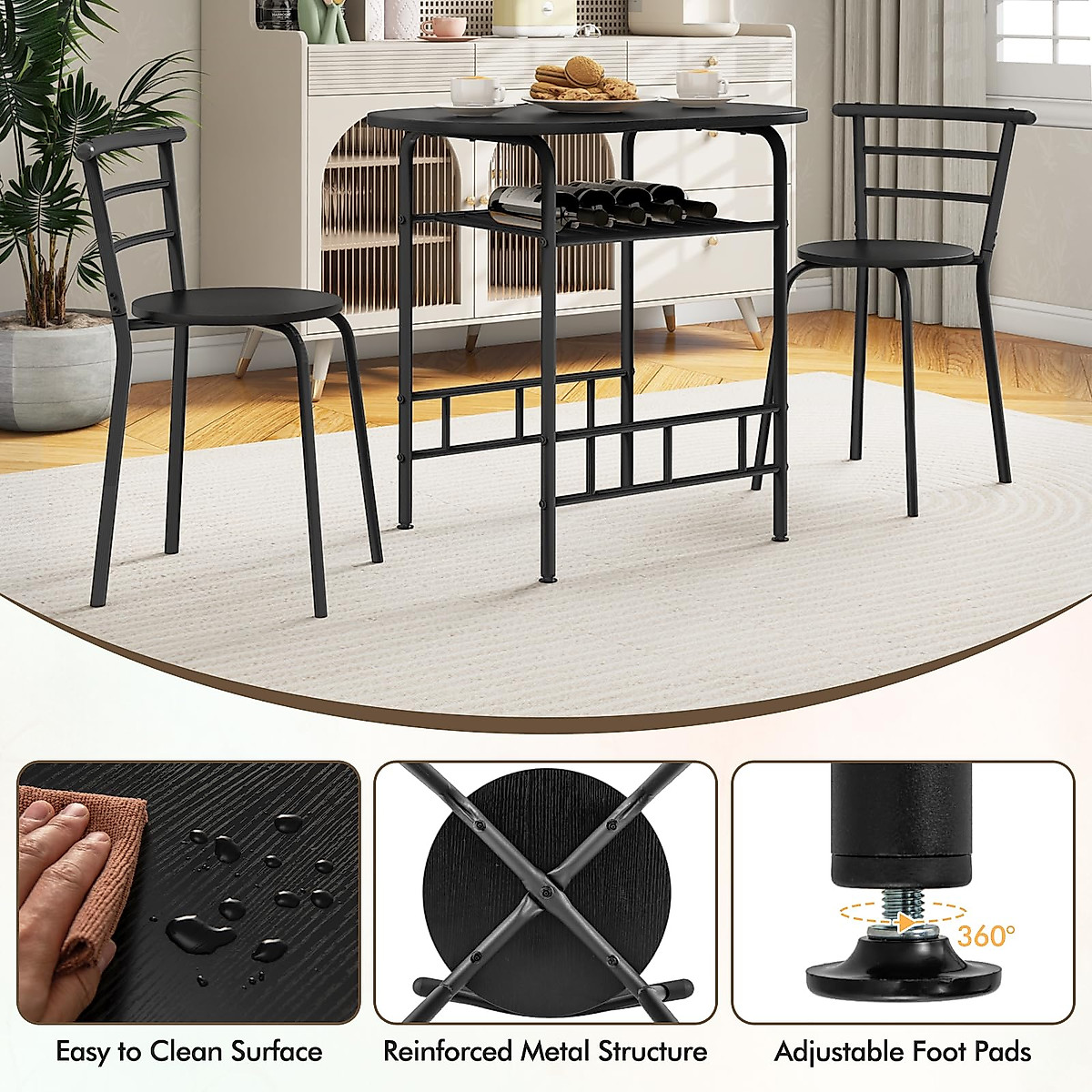 Giantex 3 Piece Dining Set Compact 2 Chairs and Table Set with Metal Frame and Shelf Storage Bistro Pub Breakfast Space Saving for Apartment and Kitchen (Black)