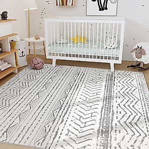Area Rugs 8x10 Living Room: Washable Boho Large Neutral Soft Farmhouse Rug Stain Resistant Modern Geometric Non Slip Indoor Floor Carpet for Bedroom Nursery Kids Playroom Office- Gray White