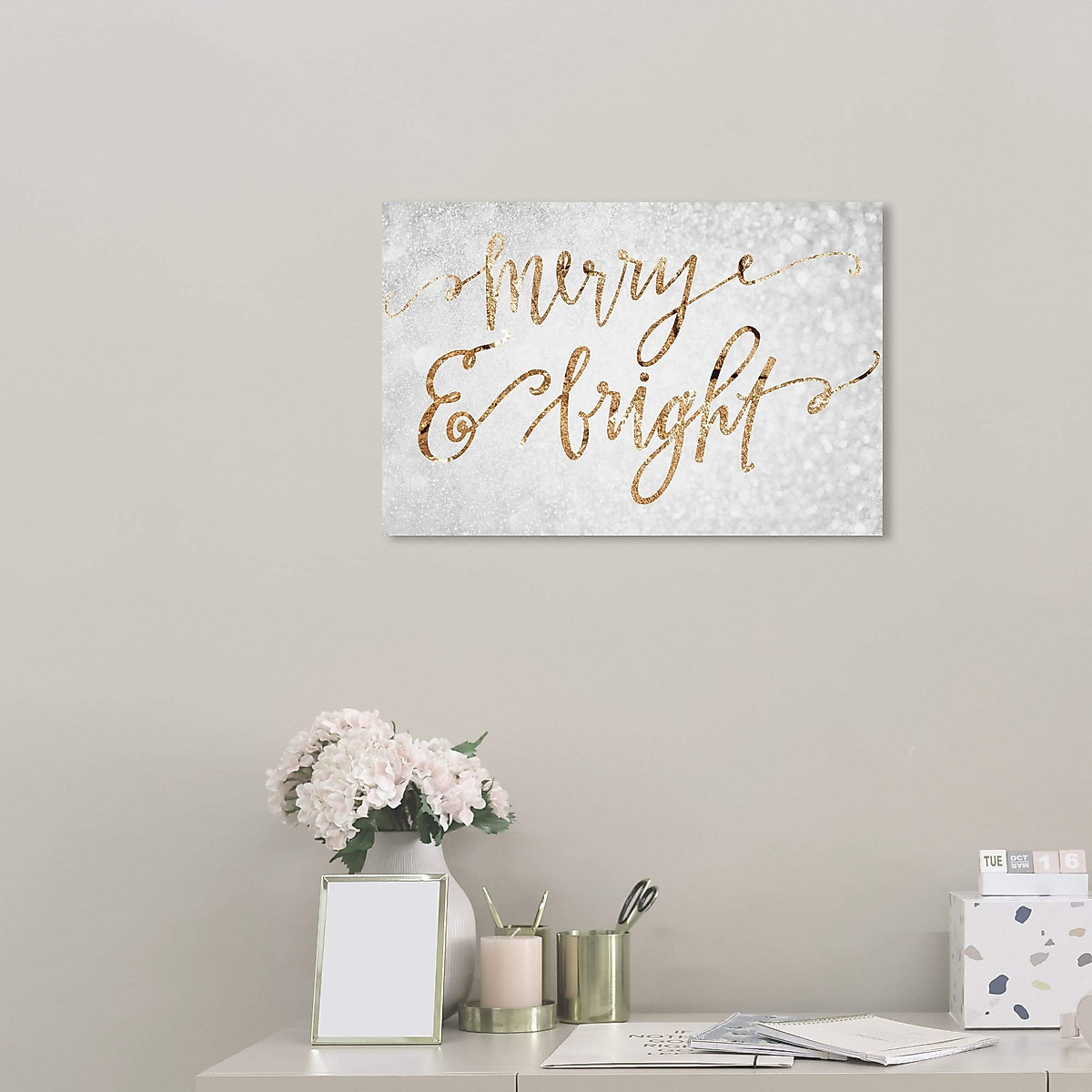 Wynwood Studio Holiday and Seasonal Wall Art Canvas Prints 'Merry & Bright' Christmas Home Décor, 24" x 16", Gray, Gold