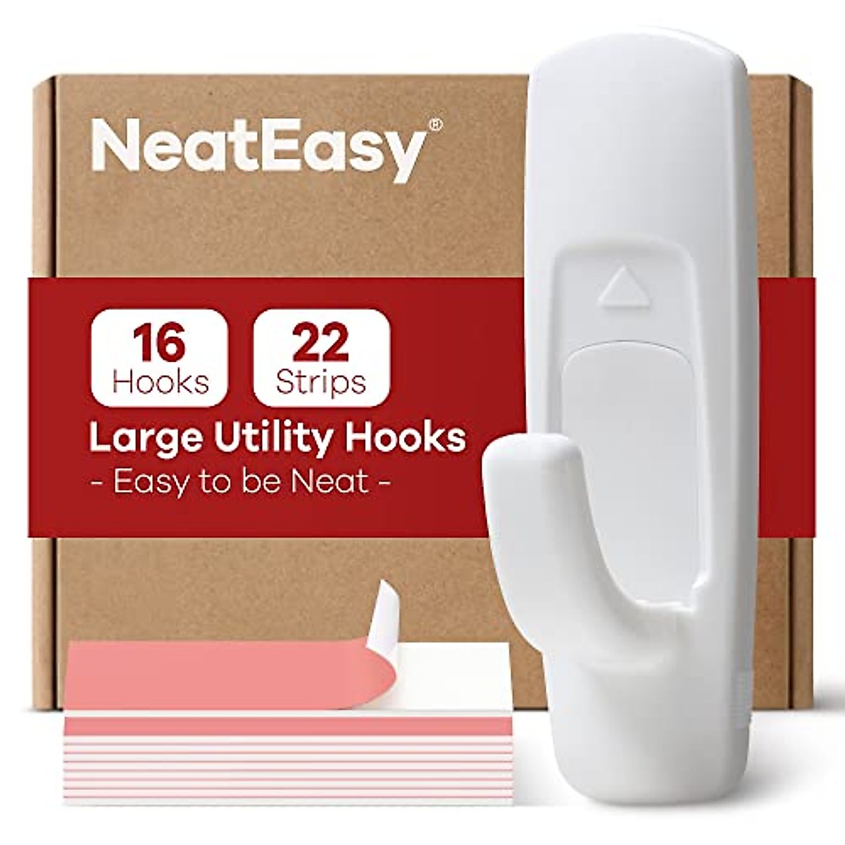 NeatEasy Large Utility Hooks, 16-Hooks, 22-Strips, Organize Damage-Free, 5lbs(Max) Wall Hooks, Waterproof Hooks for Hanging, Adhesive Hooks, Wall Hook