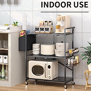 DTUQYX Foldable Outdoor Grill Cart with 3-Tier,Grill Cart,Grill Table for Outside with 2 Total Lock Casters，Pizza Oven Stand Table，Rolling BBQ Table and Folding Kitchen Island, Black