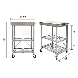 Origami Stainless Steel Cart on Wheels, 3-Tier Foldable Rolling Cart Made of Commercial-Grade Metal - Stainless Steel Design for Chefs Outdoor Food Prep Folding Kitchen Cart