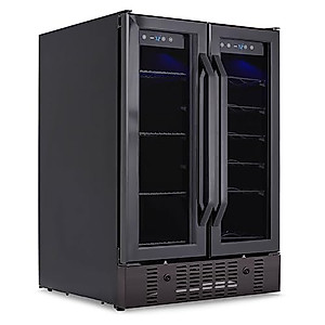 NewAir 24” Wine and Beverage Refrigerator and Cooler, 18 Bottle and 60 Can Capacity, Built-in Dual Zone Fridge in Black Stainless Steel with French Doors