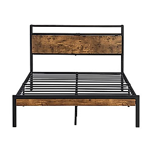 Modern Industrial Queen Size Metal Platform Bed Frame with Wooden Headboard and Footboard with USB and Charging Station, No Box Spring Needed, Large Under Bed Storage, Easy Assemble (Queen)