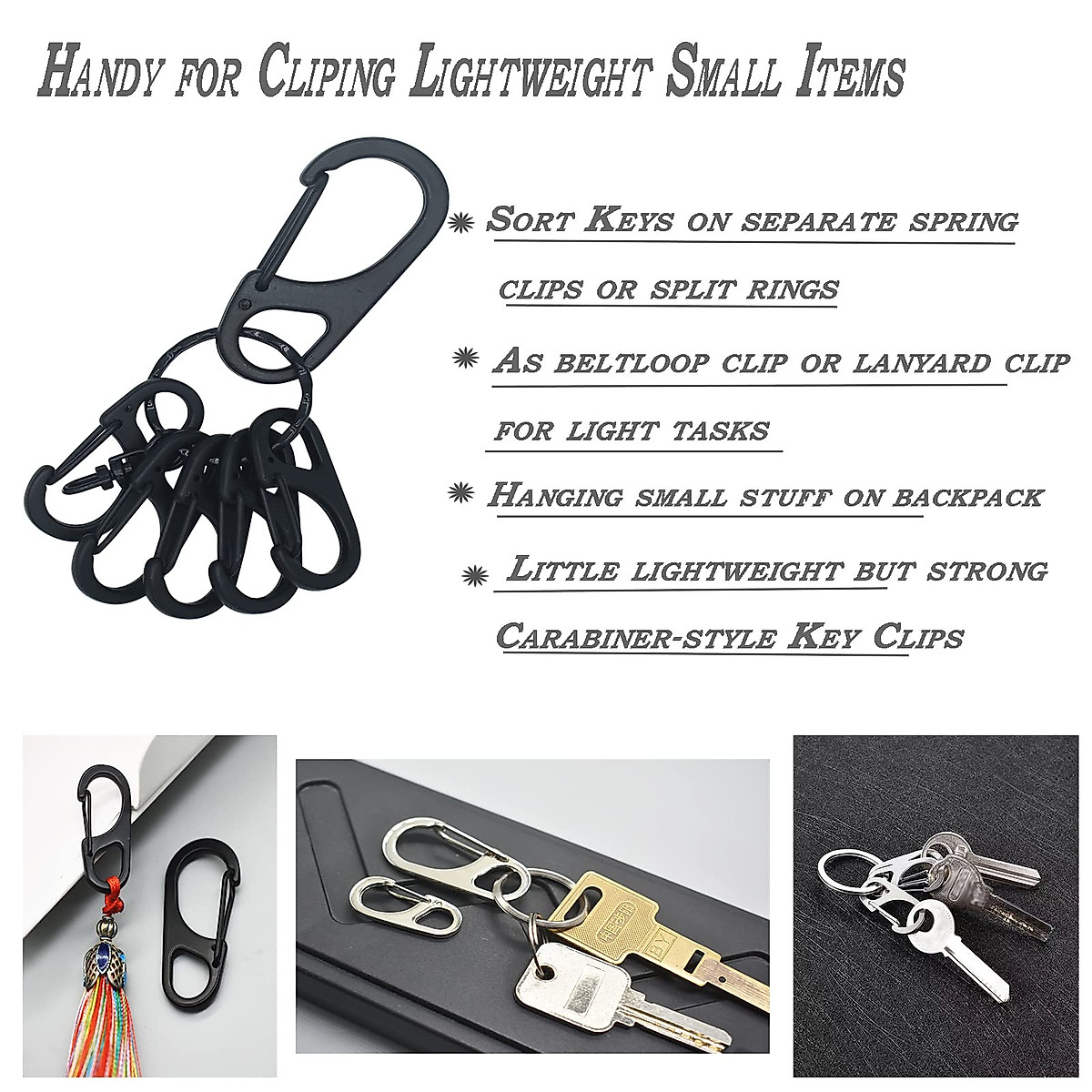 Bytiyar Small Carabiner Clips 1.85inch (47mm) Metal Snap Hooks with Fixed Eye Spring Gate Keychain Parocord Rope Clasps Accessories, 6 Pcs Black