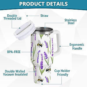 ODAWA Large Bees Lavender Flowers Insulated Tumbler Cup with Straw and Handle, Steel Insulated Tumbler