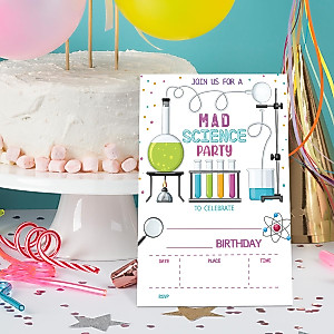 UDNADKEX Mad Science Birthday Invitations Girl with Envelopes, Invites for Girls Birthday Party Science, Science Birthday Party Invitations Cards, 4"x6" Set of 20, Mad Science Party