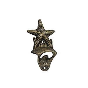 Hampton Nautical Rustic Gold Cast Iron Wall Mounted Starfish Bottle Opener 6" - Starfish Decoration - Starfish Wall Decor