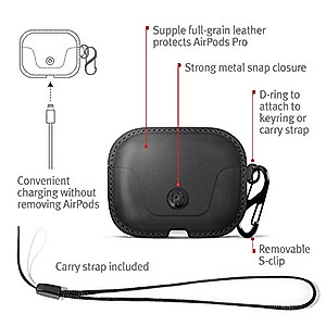 Twelve South AirSnap Pro | Full-Grain Leather Protective Case/Cover with Loss Prevention Clip and Optional Carry Strap for AirPods Pro 1st Gen & 2nd Gen, Black