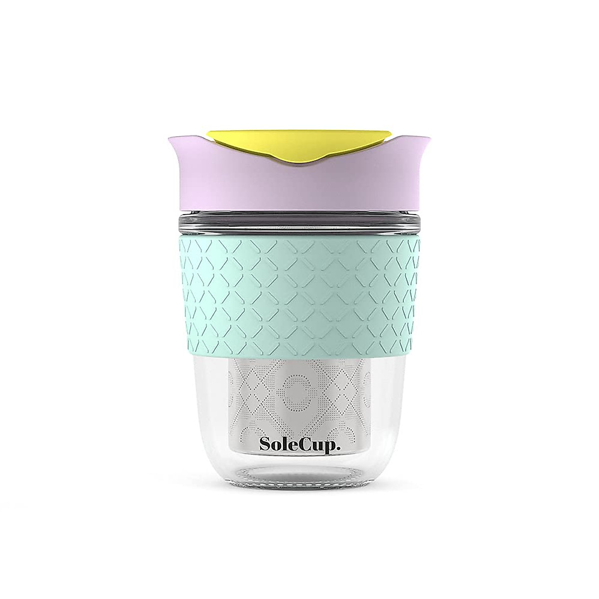 SoleCup. Travel Mug Loose Tea Infuser - Detachable Tea Strainer with Spillproof Lid - BPA-Free Reusable Glass Travel Coffee Cup with Silicone Band (Ice Cream)