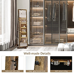 COSTWAY 360 Rotating Jewelry Armoire Cabinet, Standing Jewelry Organizer w/Full-Length Mirror & Large Storage Space, Lockable Mirror Jewelry Cabinet for Girls Women (Rustic Brown)