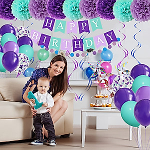 Mermaid Birthday Party Decorations for Girls Women, Happy Birthday Banner Purple Mint Green Confetti Balloons Dots Garland PomPoms Swirls for Birthday Party Baby Shower Graduation Decorations