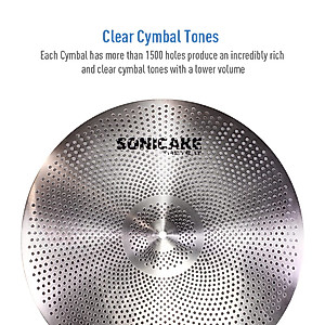 SONICAKE Low Volume Cymbal Pack Quiet Cymbal Set 14"Hi-hats+16"Crash+18"Crash+20"Ride 5 Pcs Mute Drum Cymbal Set Quiet Practice Cymbal, Sliver