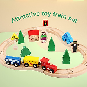 Wooden Train Tracks Toys for Toddler, 33 Pieces Magnetic Train with Wooden Tracks Fits for Thomas, Brio, Chuggington, Melissa and Doug, Wooden Rail Set Train Toy gifts for 3 4 5 Years Old Girls & Boys