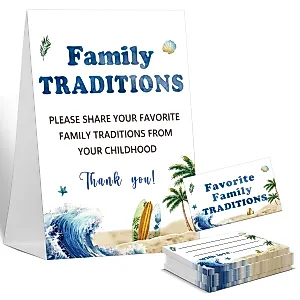 Baby Shower Games Family Traditions Sign, 1 Standing Sign and 50 Cards, Summer Surf Beach Gender Neutral Decoration, Gender Reveal Party, Bridal Shower Favor Supplies-LT22