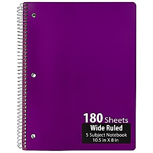 Emraw 5 Subject Notebook Spiral with 180 Sheets of Wide Ruled White Paper - Set Includes: Red, Black, Purple, & Blue Covers (Random 2-Pack)