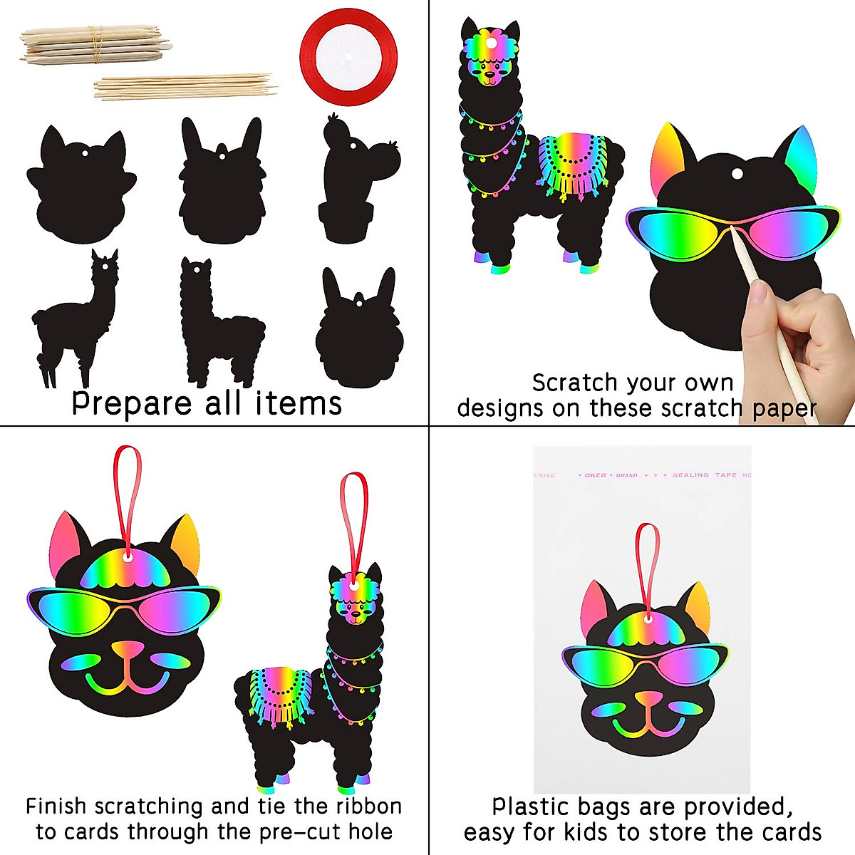 WATINC 60 pcs Alpaca Scratch Cards Art Set for Kids and Adults,DIY Color Card Art Craft Kit, Llama Carnival Party Favor,Llama Themed Fun Game, 6 Styles with Ribbon &Wood Stylus