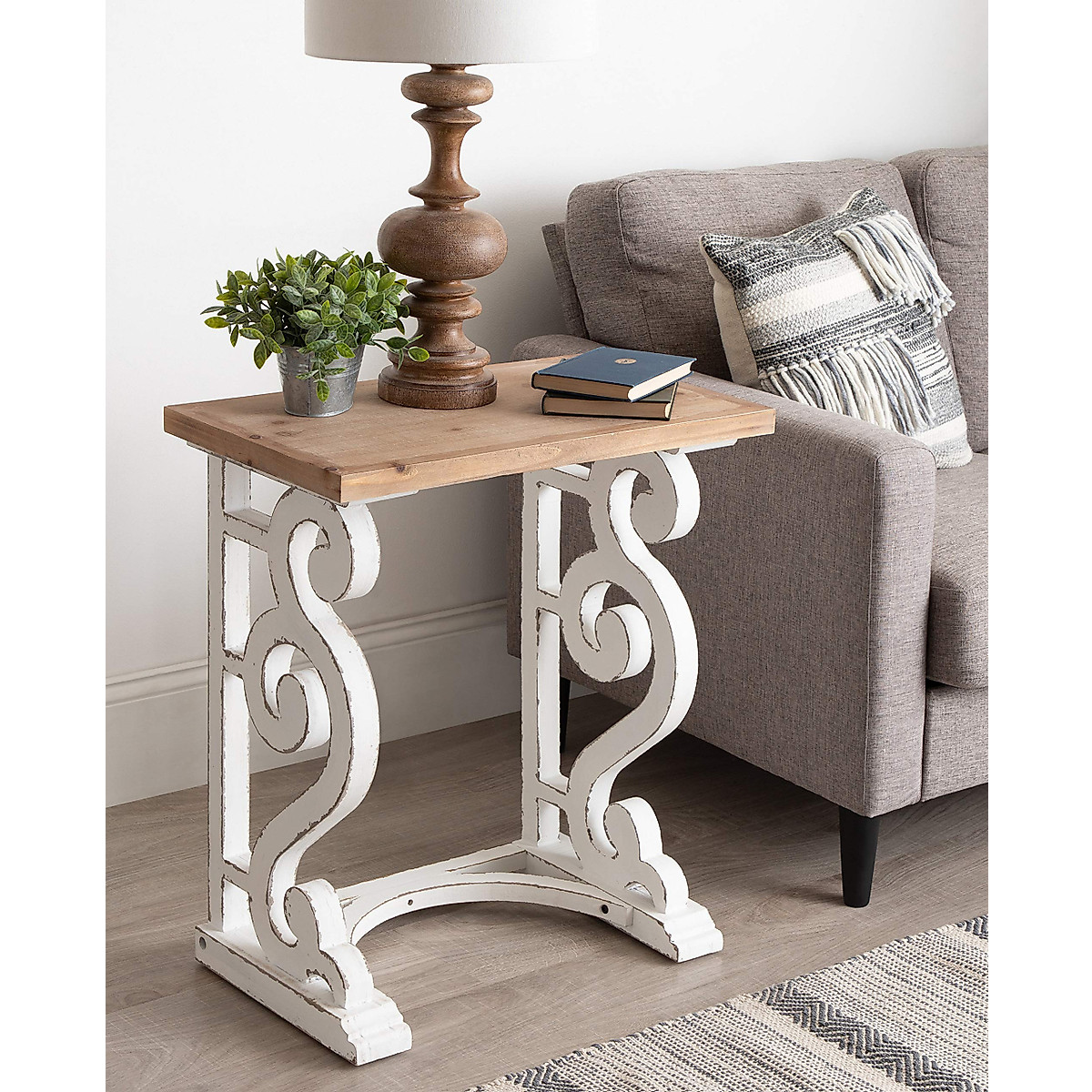 Kate and Laurel Wyldwood Rustic French Solid Wood Side Table, 24" x 14" x 12.75", White and Rustic Brown, Chic Farmhouse Inspiration, Natural Wood Top