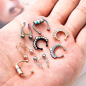 REVOLIA 15 Pcs Fake Nose Rings Hoop Stainless Steel Fake Septum Ring Faux Non-Pierced Clip On Nose Hoop 5C