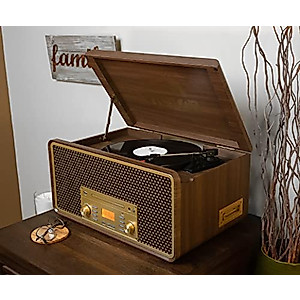 VICTOR Monument 8-in-1 Turntable Music Center with 3-Speed Record Player, CD/MP3/Cassette Player, AM/FM Radio, Dual Bluetooth in & Out, USB Playback & Record, and Built-in Stereo Speakers, Espresso