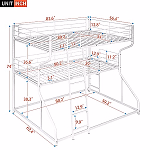 KoiHome Full Over Twin Over Queen Size Triple Bunk Bed with 2 Ladders, Metal Low Bed Frame with Full-Length Guardrail for Kids Teens Girls Boys Bedroom, Space-Saving, No Box Spring Needed, White