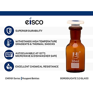 EISCO Labs 125ml Amber Reagent Bottle, Narrow Mouth with Acid Proof Polypropylene stopper, socket size 19/26