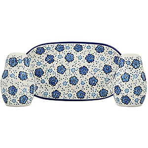 Polish Pottery Salt and Pepper 3-Piece Set made by Ceramika Artystyczna (Flowing Blues Theme) + Certificate of Authenticity