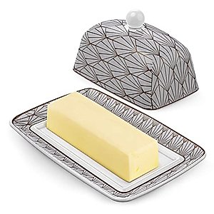 Porcelain Butter Dish With Lid, MEKY Butter Keeper With Handle Cover, Ceramic Butter Holder Container for Storing 1 Western Or Eastern Butter Stick