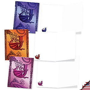 The Best Card Company - 20 Assorted Colored Monogram Blank Notecards, Personal Stationary Bulk Box Set 4 x 5.12 Inch w/Envelopes, Miss you and Just Because Notes - Dragon Initials J AM10319OCB-B2x10