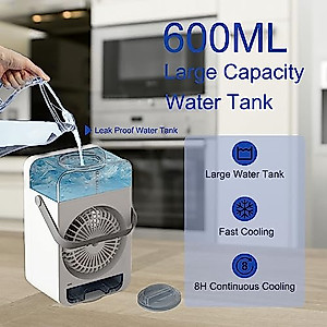 Cesanto Portable Air Conditioner Fan,Mini Personal Air Cooler with 4 Wind Speed,600ML Tank,2/4/6H Timer,120°Oscillating Cooling Fan,Rainbow LED Light,2 Spray,Low Noise,Desktop Office, Home, Bedroom
