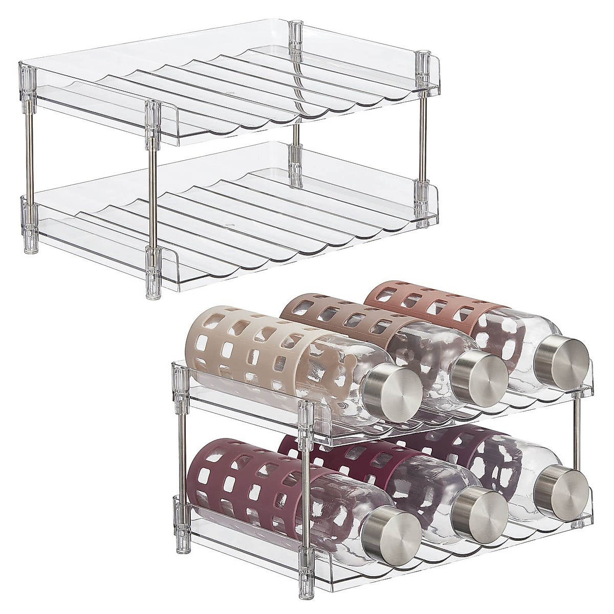 mDesign Free-Stand Stackable 2-Tier Bottle Holder, 8 Small Bottles, 6 Large Bottles of Water, Wine - Drink Organizer Shelf for Kitchen Counter, Cabinet, Pantry, Fridge, Freezer, 2 Pack, Clear/Polished
