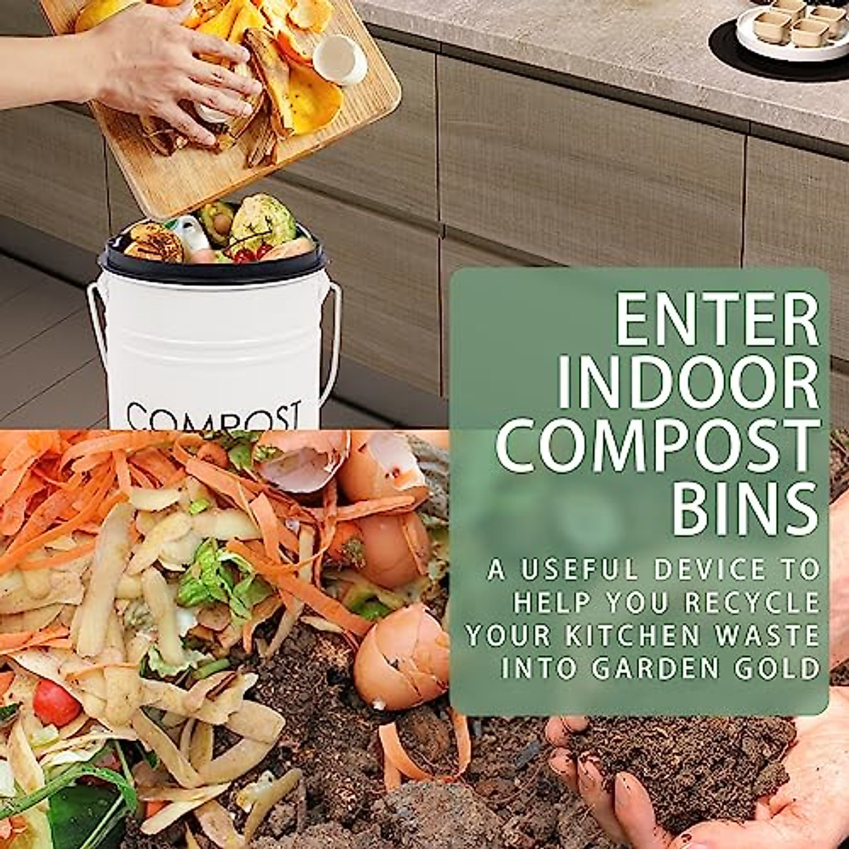 Vipush Compost Bin Kitchen Countertop Compost Bin with lid – Small Compost Bin Includes Inner Compost Bucket Liner & 3 Charcoal Filters, White