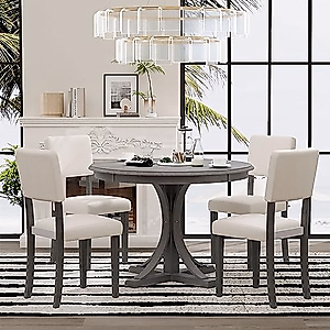 AosBet Dark Grey 5-Piece Retro Round Dining Table Set with Curved Trestle Style Table Legs & 4 Upholstered Chairs - Perfect for Dining Rooms