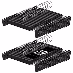 30 Pack Shorts Hangers with Clips, ZOUTOG Plastic Space Saving Hangers for Shorts Adjustable Clips, Non Slip Pants Hangers with Clips, Shirts, Dresses, Coats, Kids Clothes, Trouser & More, Black