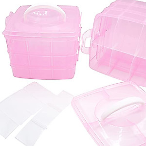2 Pack - Small Pink Stackable Craft Organizer Box, 3-Layer Small Storage Container Case, with Adjustable Compartments for Beads, Crafts, Jewelry, Fishing Tackle (5.75 x 5.75 x 5 inches)