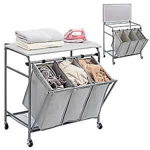 ALIMORDEN Laundry Sorter Cart Heavy Duty 3 Bags Classic Rolling Side pull Laundry Hamper Sorter with Ironing Board and 4 Wheels Grey