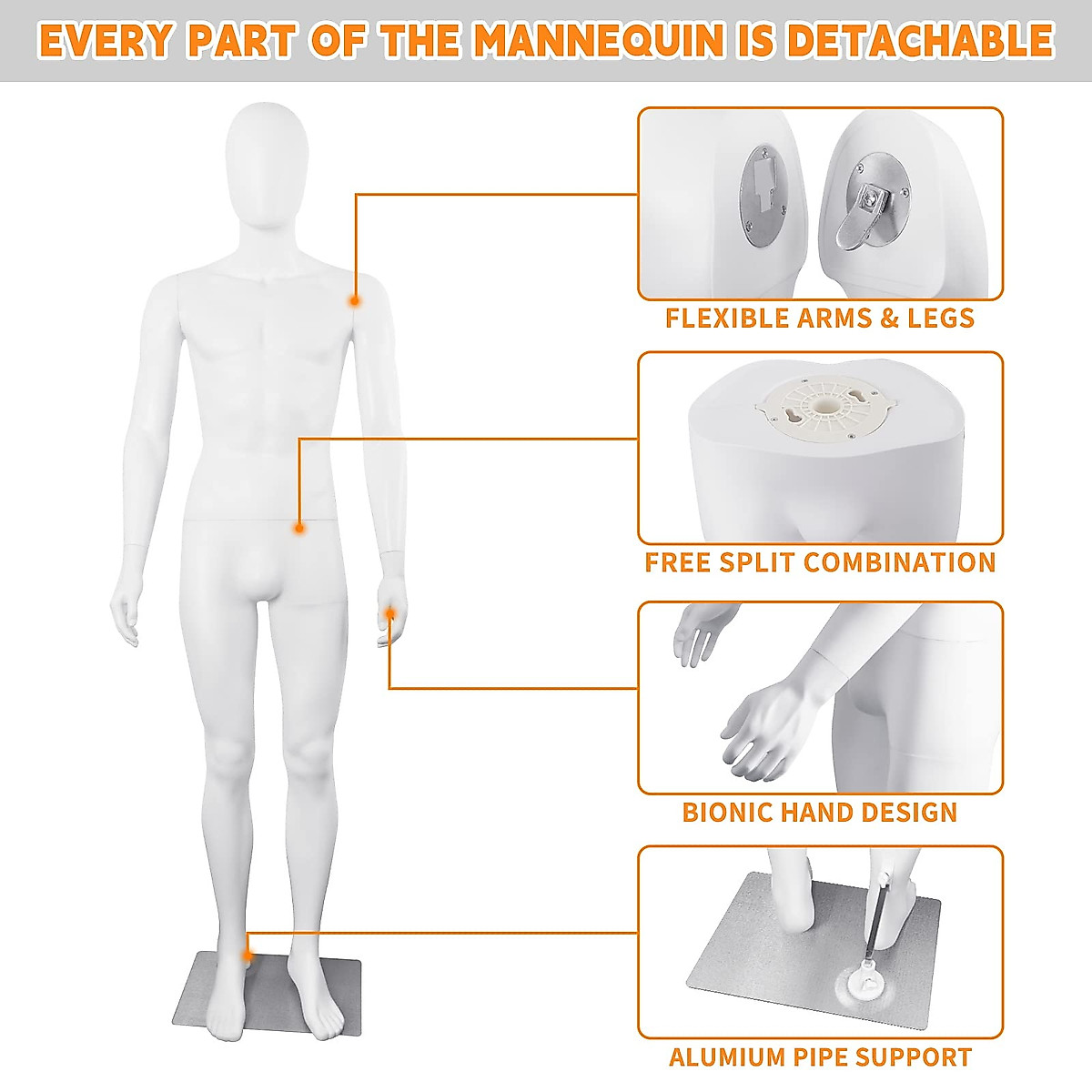 SHAREWIN Male Mannequin Full Body Dress Form 73 Inches Adjustable Plastic Detachable Stand Display Head Metal Base (White)