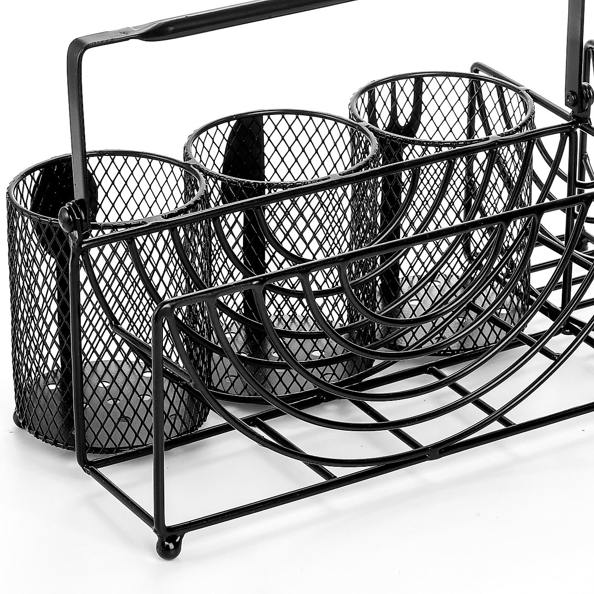 Mezchi Metal Utensil Caddy with 5 Compartments, Black Mesh Silverware Caddy Organizer, Flatware Storage Holder for Napkins, Plates, Party, Camping, Picnic, Buffet, RV, BBQ, Kitchen, Countertop