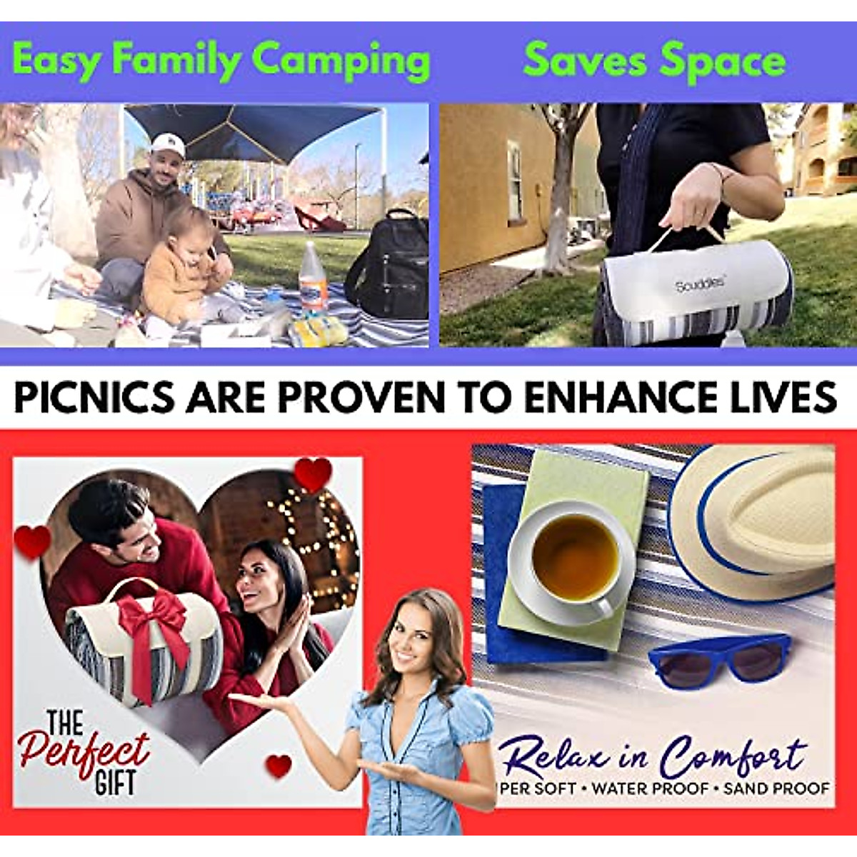 scuddles Picnic Blankets Dual Layers Picnic Blanket Outdoor Water-Resistant Handy Mat Tote Spring Summer Camping Blanket Great for The Beach