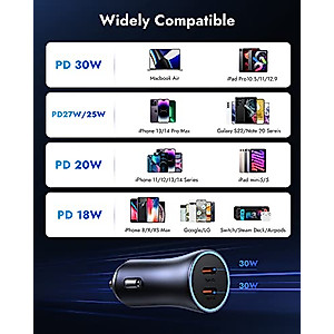 USB C Car Charger, Baseus 60W Car Phone Charger PD 30W & PD 30W Dual Port Fast Car Charger Adapter Compatible with iPhone 14 13 12 11 Pro Max, Samsung Galaxy S22/21/20 Note20/10, Pixel, Steam Deck