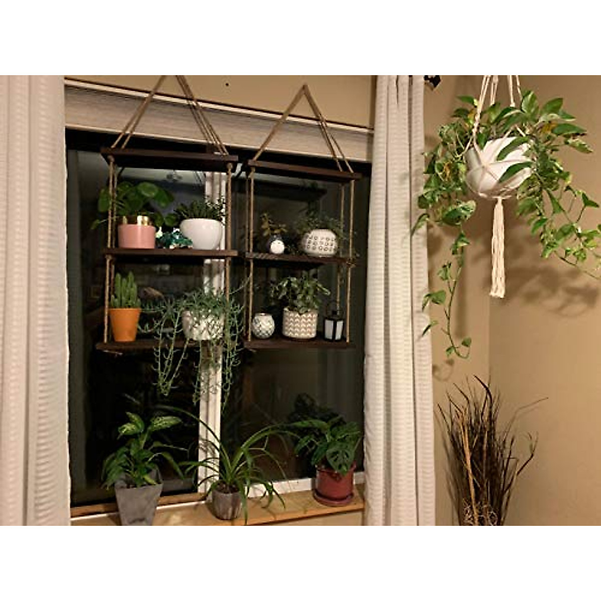 HXSWY Rustic Rope Hanging Shelves for Wall Wood Window Plant Shelf Indoor 3 Tier Dark Brown