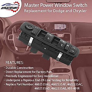 Master Power Window Switch Front Left Driver Side | 3 PINS + 0 PIN | Replacement for 2008-2009 Chrysler Town & Country Dodge Grand Caravan | Replaces# 4602535AG, 4602535AF, 4602535AC, 901-401R