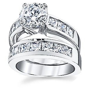 2 Carats Sterling Silver Bridal Set Cubic Zirconia Engagement Wedding Ring Bands with Round and Princess Cut