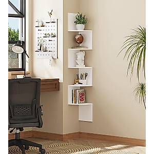 VIMBER 5-Tier Corner Shelf Wall Mount, Corner Bookshelf, Industrial Corner Ladder Shelf, Modern Display Shelf for Living Room, Bedroom, Kitchen, Home Office, Bathroom, White UJSJ003W