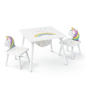 labebe Kids Table and Chair Set, Toddler Table and Chair Set for 3-6 Year Old, Kids Play Table Set with Center Mesh Storage, Wooden Baby Table with 2 Kids Chairs, Kids Furniture, Pink Unicorn