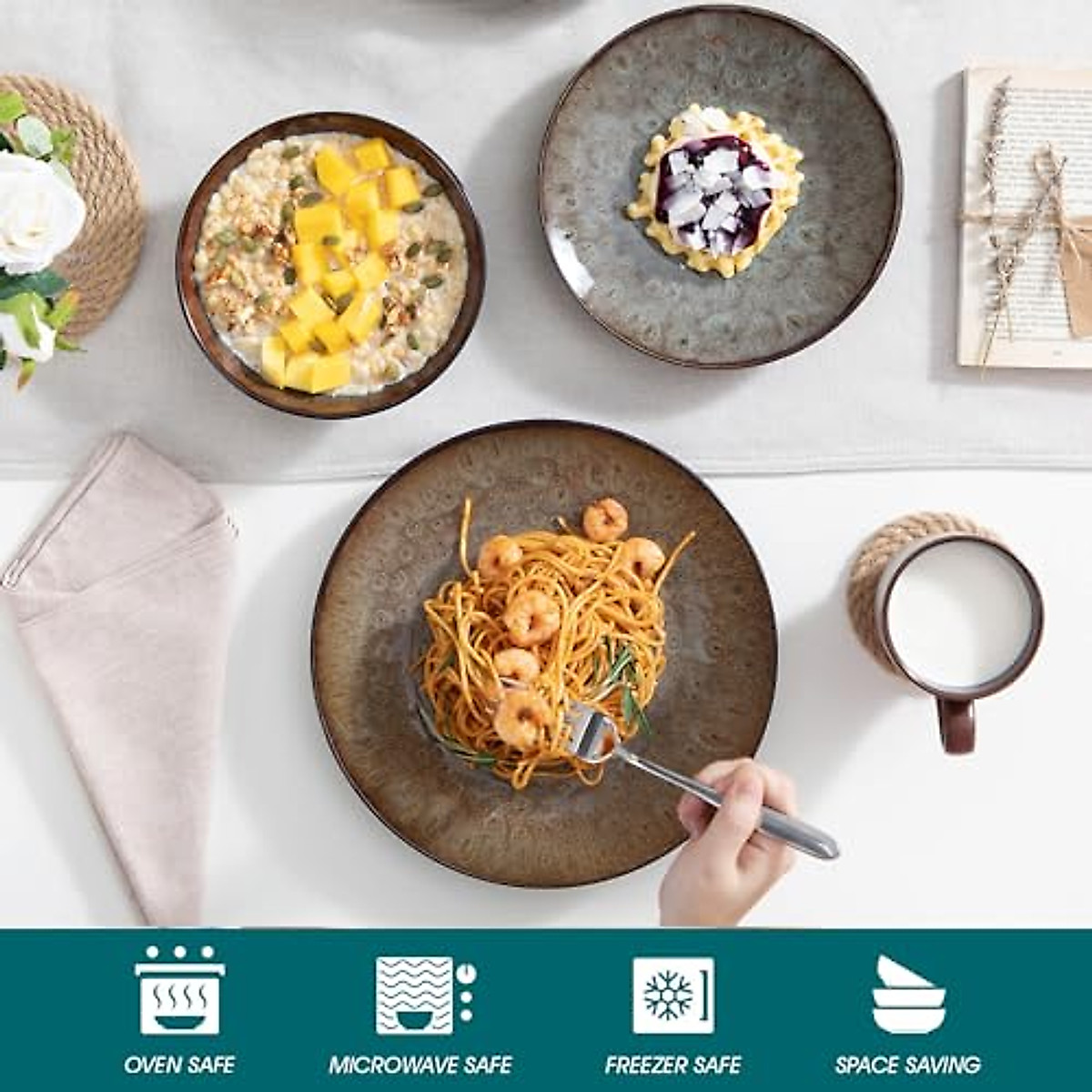 vancasso Bubble Dinnerware Sets 16-Piece - Plates and Bowls Set for 4 Dish Service Tableware Set, Microwave and Dishwasher Safe, Brown