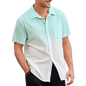 Mens Gradient Linen Shirts Casual Button Down Short Sleeve Beach Hippie Shirts Mint Green