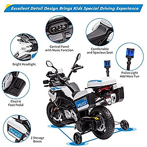 12V 7AH Ride On Police Motorcycle, Licensed BMW Kids Ride On Car with High/Low Speed,Music,2 Storage Boxes,Warning Lights and LED Headlights,Spring Suspension,EVA Tire,Training Wheels