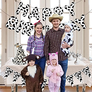 JOYMEMO Cow Happy Birthday Bunting Banner with Cow Print Pennant Banner, Farm Cow Print Birthday Party Supplies, Barnyard Western Cowboy Cowgirl 1st 2nd 3rd Birthday Party Decor
